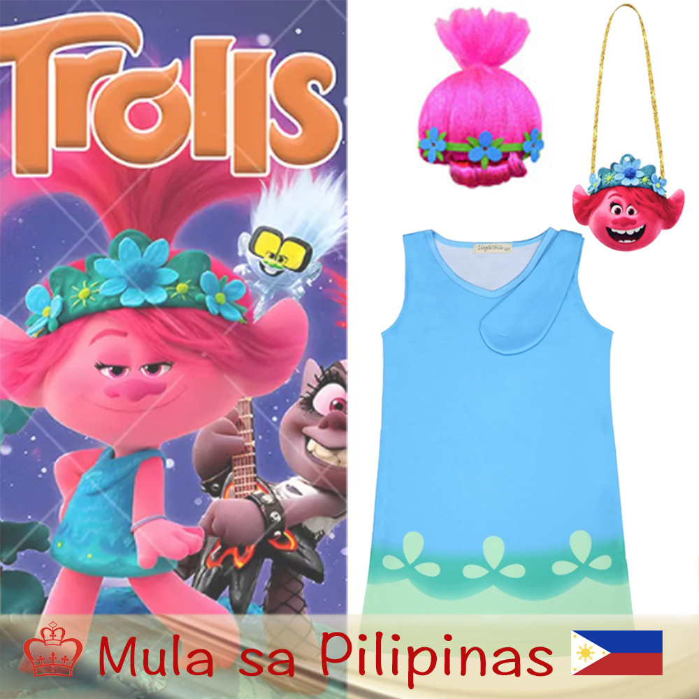 Cartoon Trolls Poppy halloween costume for kids girl princess Dress Wig ...