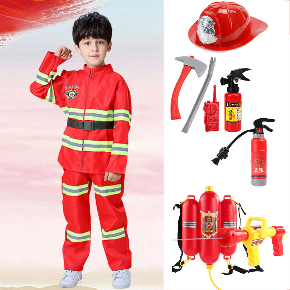 Firefighter Costume for Kids Boy Red Sam Fireman Cosplay Uniform Hat ...