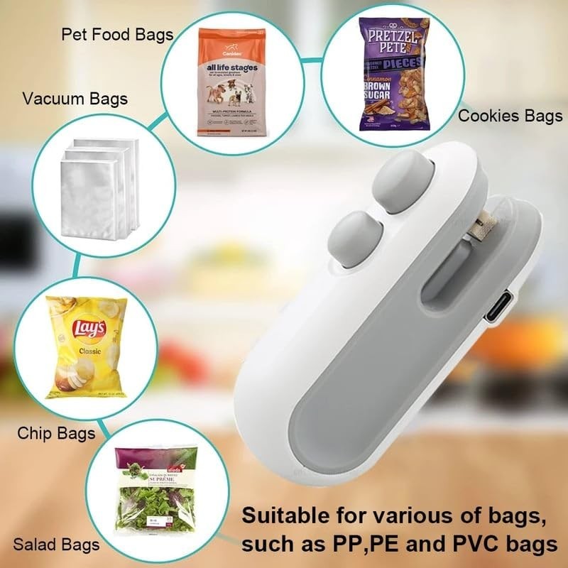 Mini Bag Sealer for Plastic Bags Snack Bags, 2 in 1 USB-C rechargeable ...