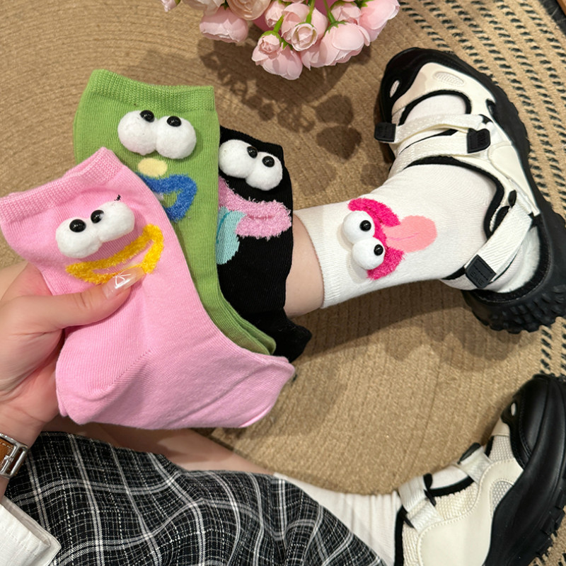 Cute Cartoon Big Eyes Socks in Dopamine Pink Showcasing The Korean Mid ...