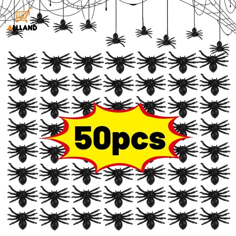 50Pcs Halloween Decoration Small Spiders - Black Plastic Fake Spider ...