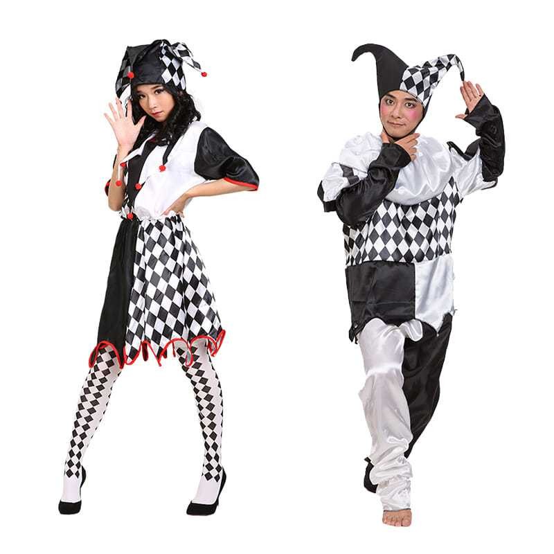 Cosplay Halloween Couple Clown Costume Set Men Women Black White Clown ...