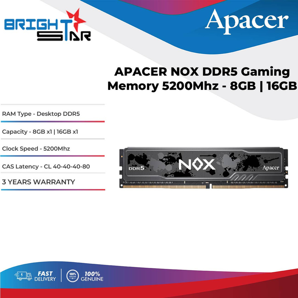 APACER NOX DDR5 Desktop Gaming RAM Single Stick 5200Mhz - 8GB/16GB ...