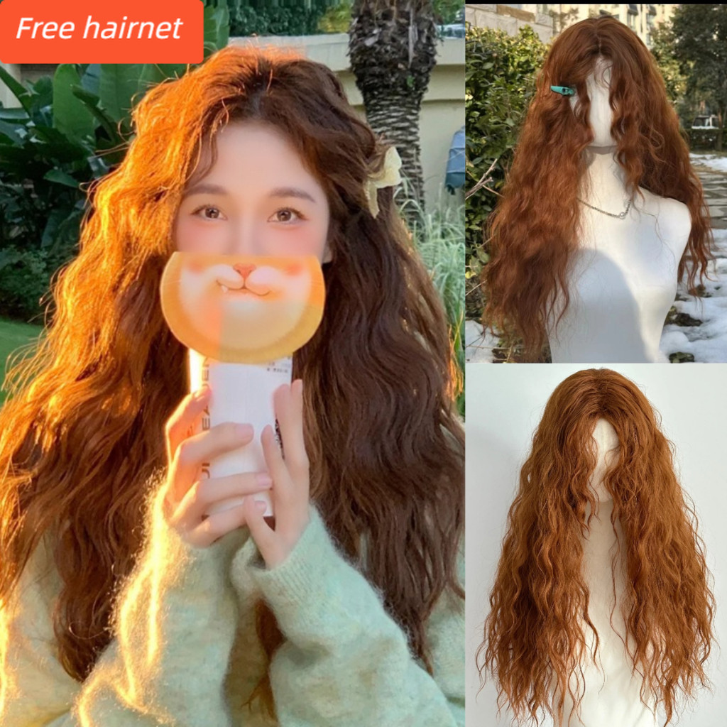 Long Curly Hair Wig with Center Part Bangs Wool Roll Korean Fashion ...