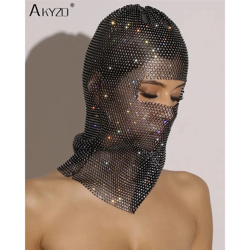 Y2K Balaclava Sparkly Diamonds Hat Turban Women Hollow Fishnet ...