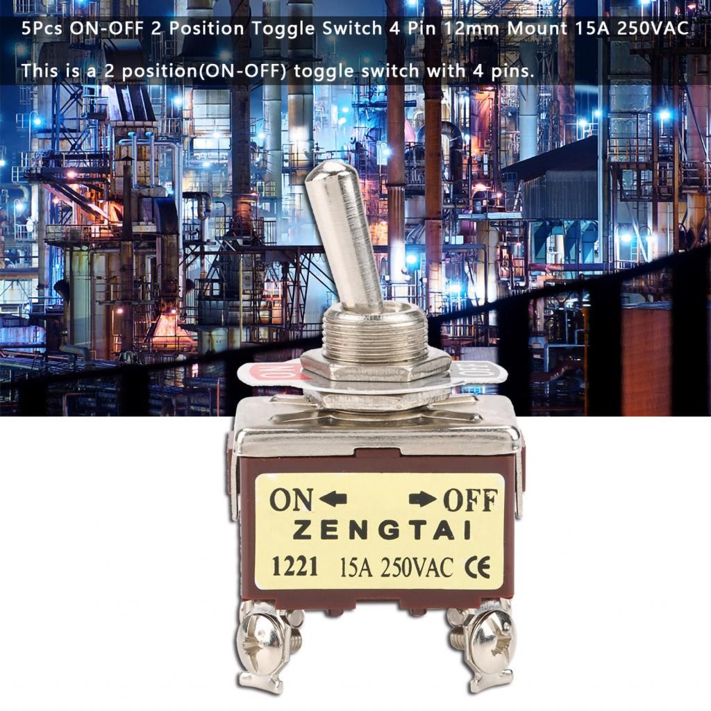 5Pcs ON-OFF 2 Position Toggle Switch 4 Pin 12mm Mount 15A 250VAC 4-pin ...