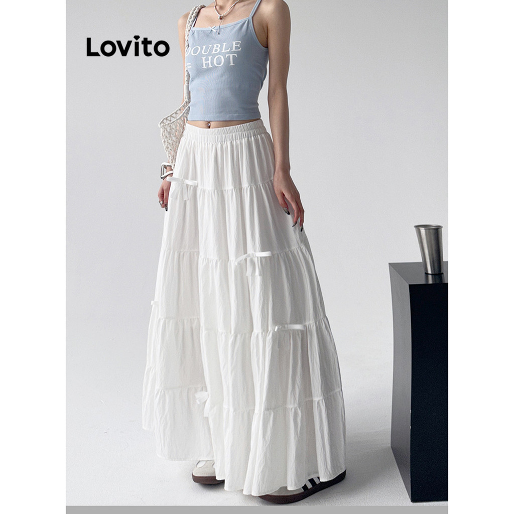 (Trendy) Lovito Women Romantic Skirts Plain Bow Cascading Ruffle Ruched ...