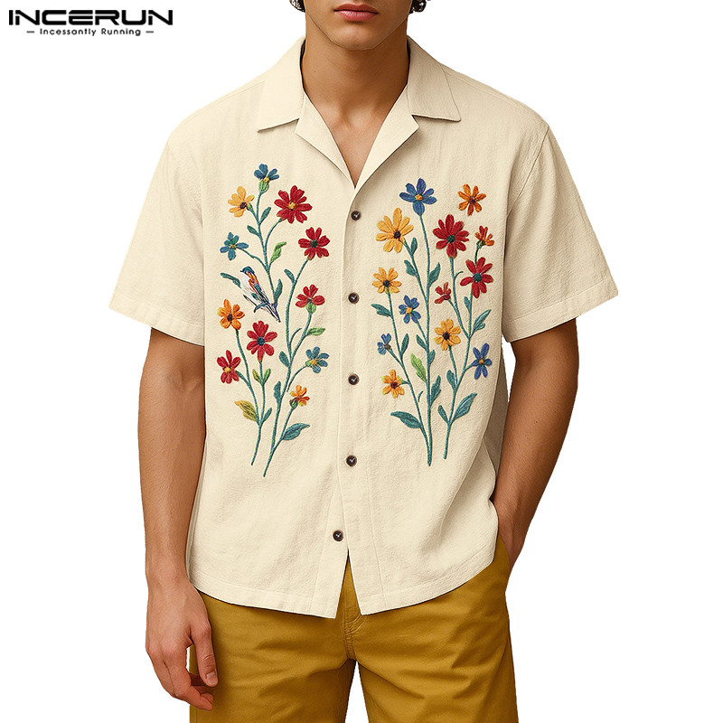 INCERUN Men's Cotton Hemp Embroidered Flower Short Sleeve Shirt ...
