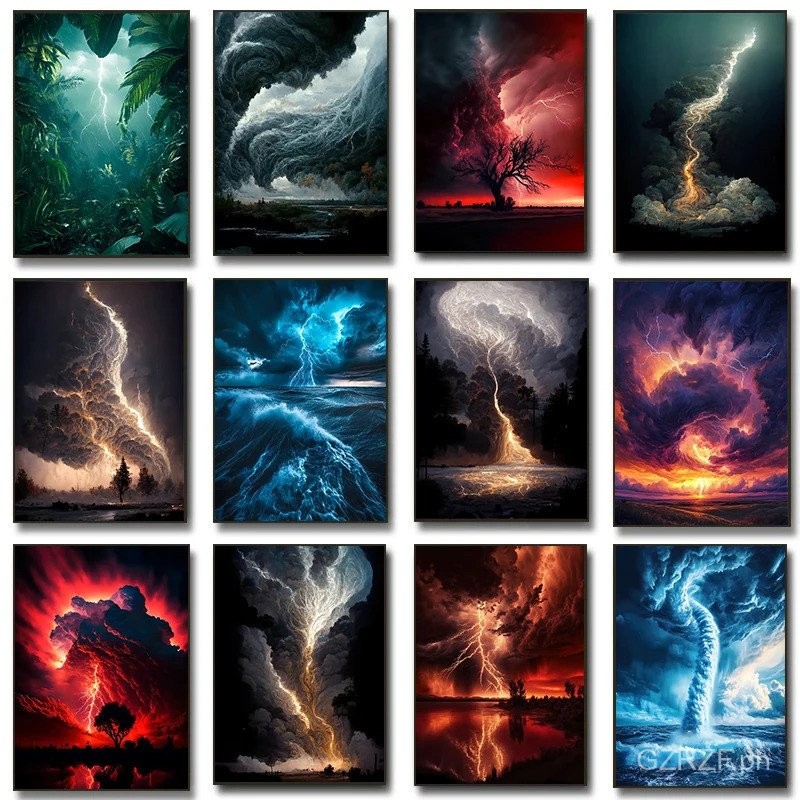 Natural Disaster Apocalyptic Storm Posters Lightning Over Ocean Prints ...