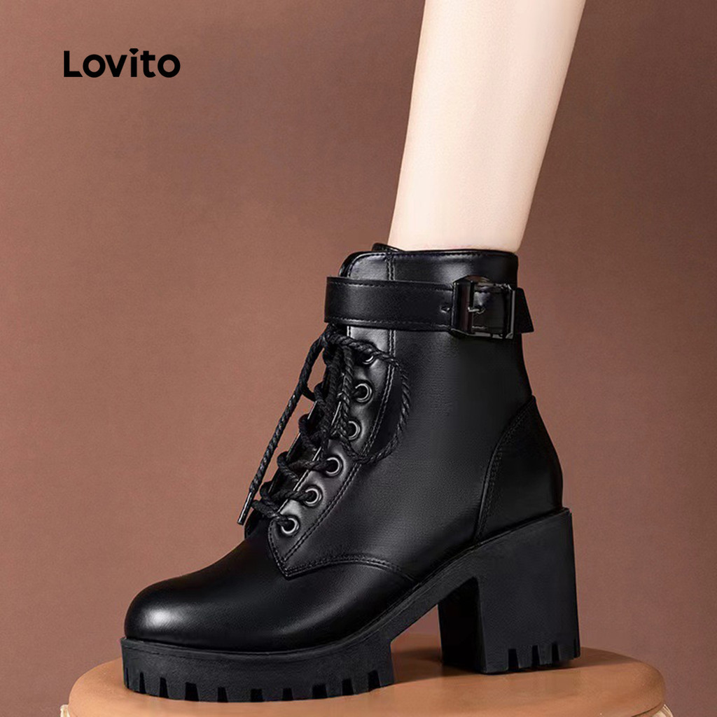 Lovito Women Casual Plain Lace Up Basic Black Boots Wave Tread Chunky Heel Boots LFA82115 ...