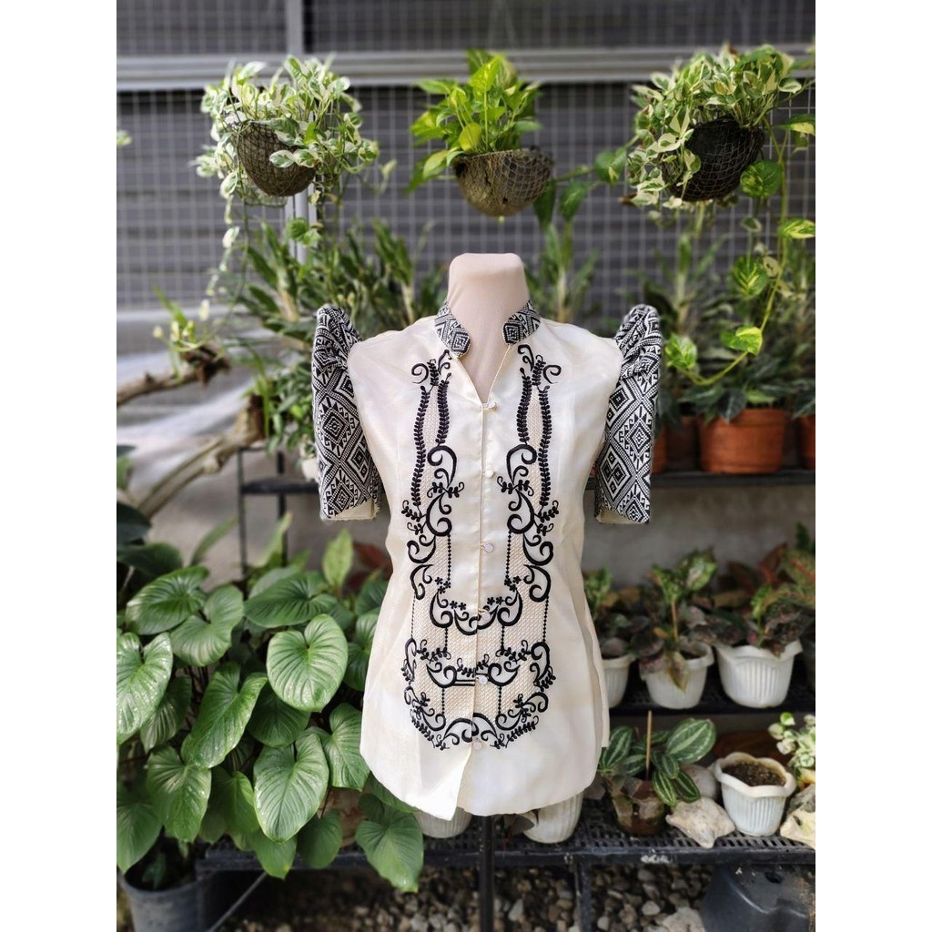 HABLON Elegant Modern Ladies Barong Ethnic Batik Woven Sleeves Mocha ...