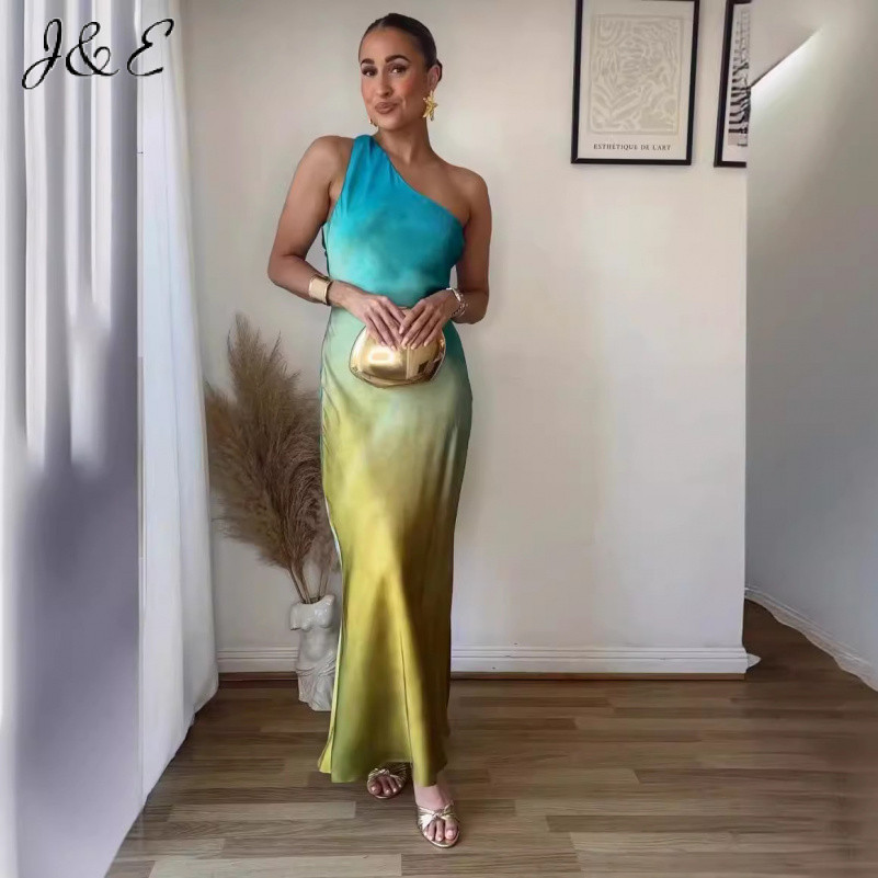 Women'S Elegant Satin Long Dress Gradient Color Sloping Shoulder Formal ...