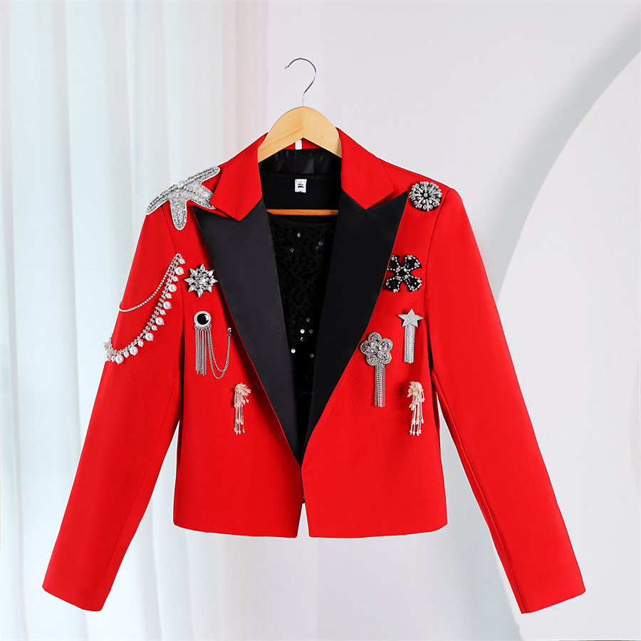Male Red Heavy Handmade Brick Stage Catwalk Costume Banquet Male Guest Nightclub Singer Host ...