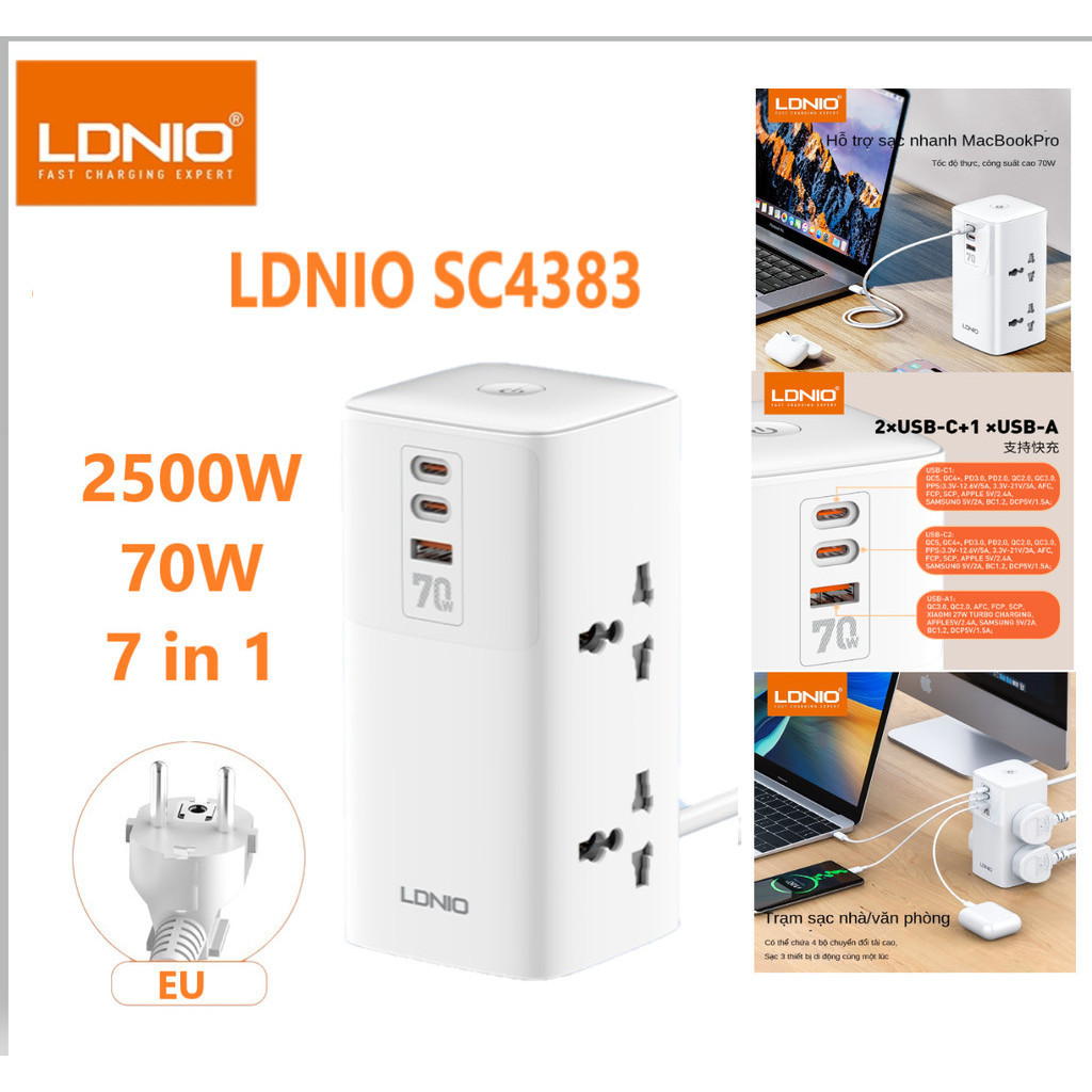Ldnio SC4383 multi-purpose power outlet (4 3-pin plugs + 2 70W Fast ...