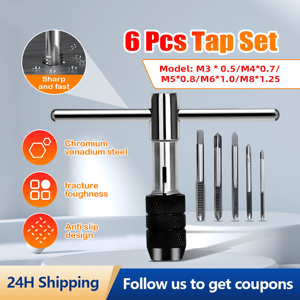 6pcs Tap set T-type Metal Hand Tools Screw Thread Tap Wrench DIY ...