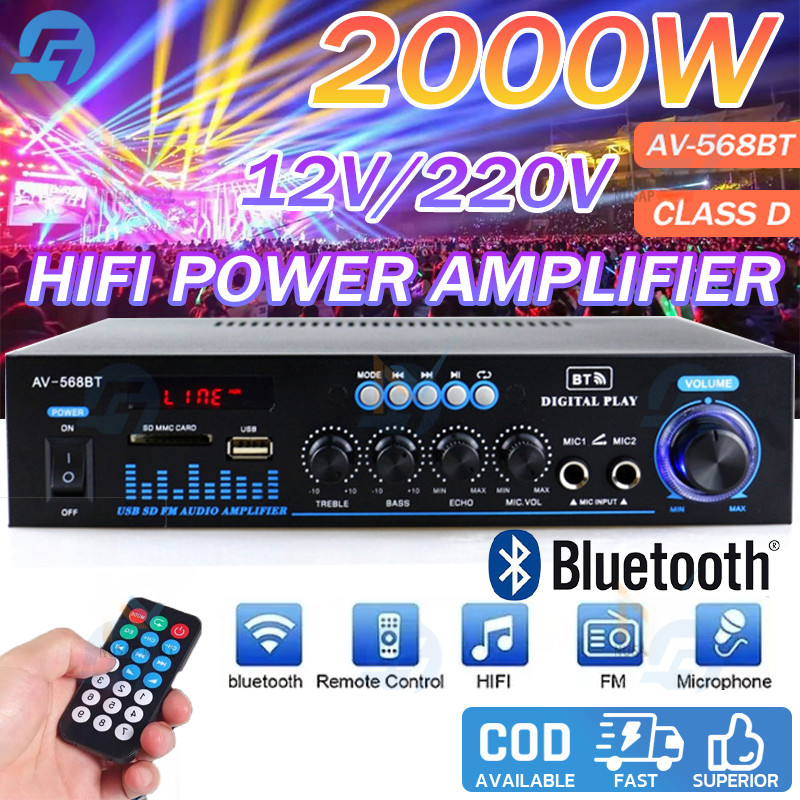 12V 220V 2000W 2-channel D-level HIFI Bluetooth 5.0 Stereo amplifier ...