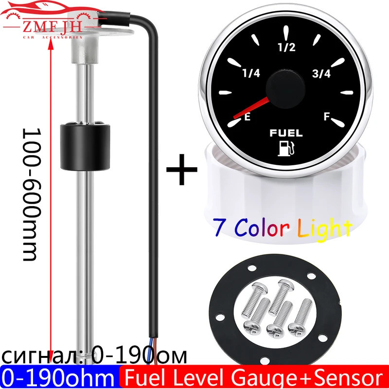 7 Color Light 2" 52mm Fuel Level Gauge+Fuel Float Level Sensor 0-190 ...