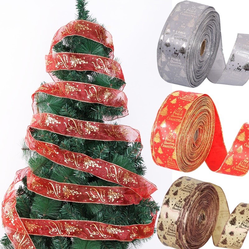 2m Christmas Print Ribbon for Christmas Tree Decoration, Handmade Rope ...
