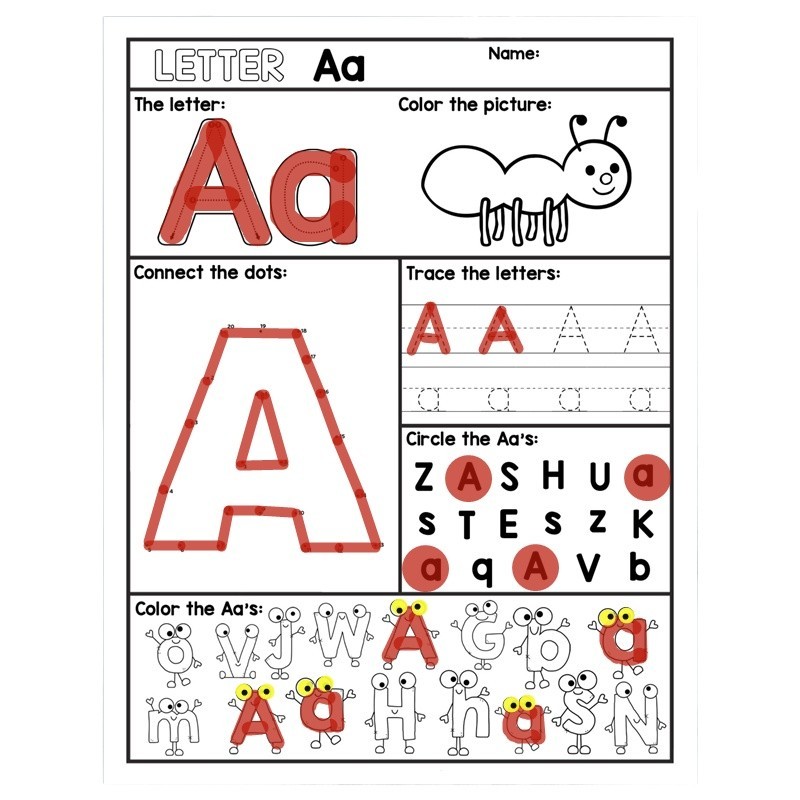 Young children's initiation writing painted red 26 letters A- Z line ...