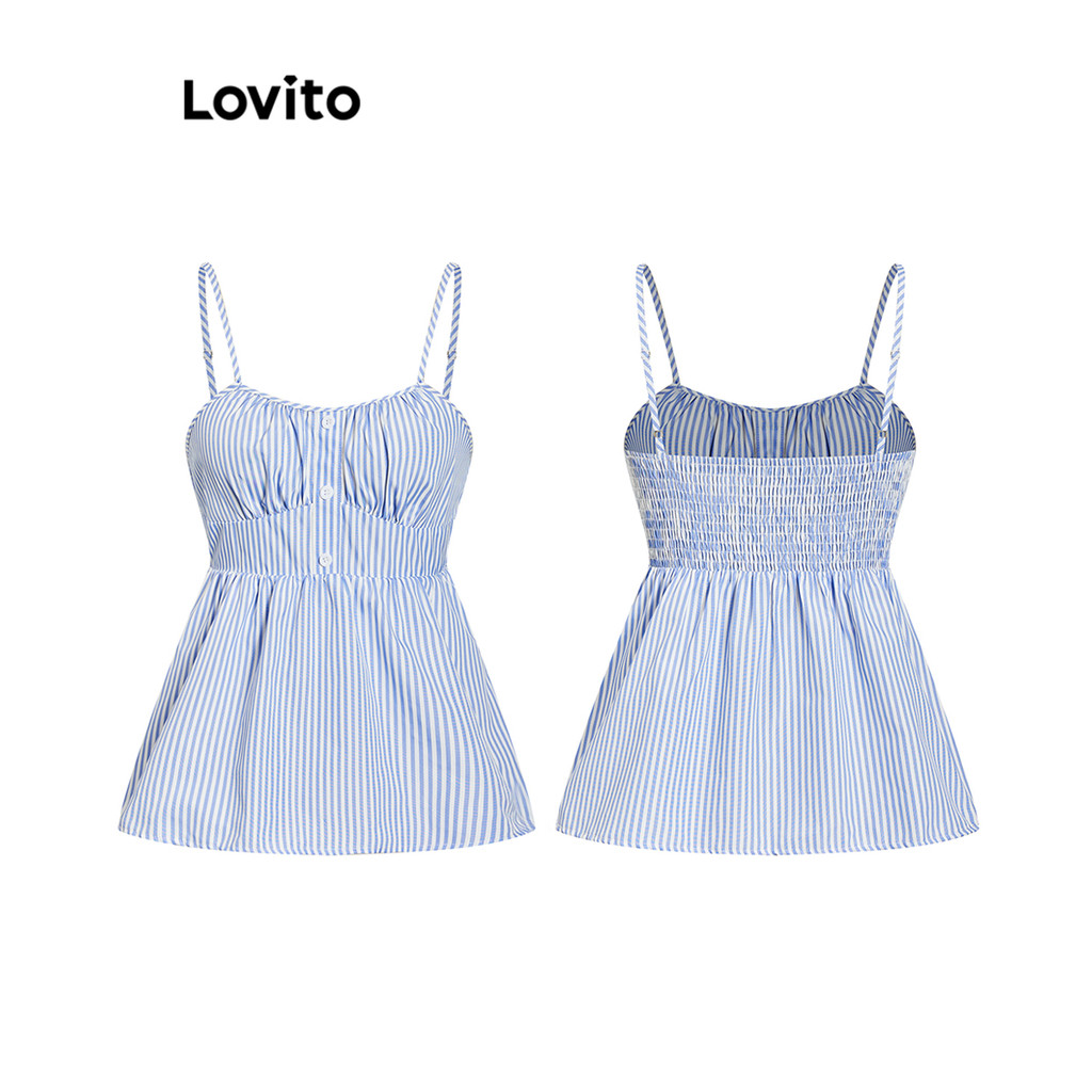 Lovito Women Boho Striped Ruffle Hem Pleated Structure Line Tank Top