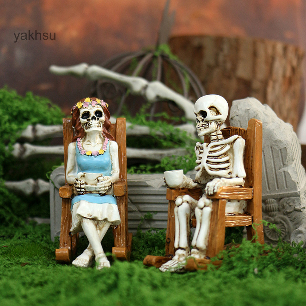 yakhsu| Skeleton Couple Decor Hand-carved Resin Statue Spooky Skeleton ...