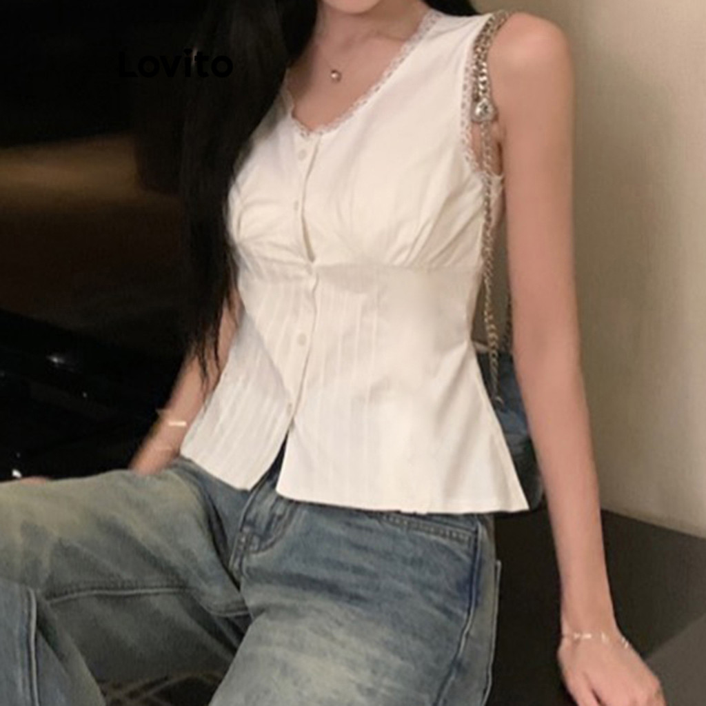 Lovito Women Casual Tank Top Plain Lace Button Tank Top LNE70141 ...