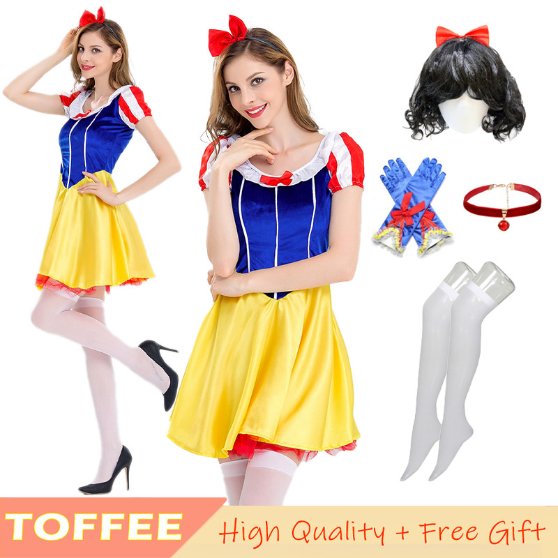 Princess Snow White Cosplay Costume For Adult Woman Fancy Dress Fairy Tale Halloween Yellow Blue ...