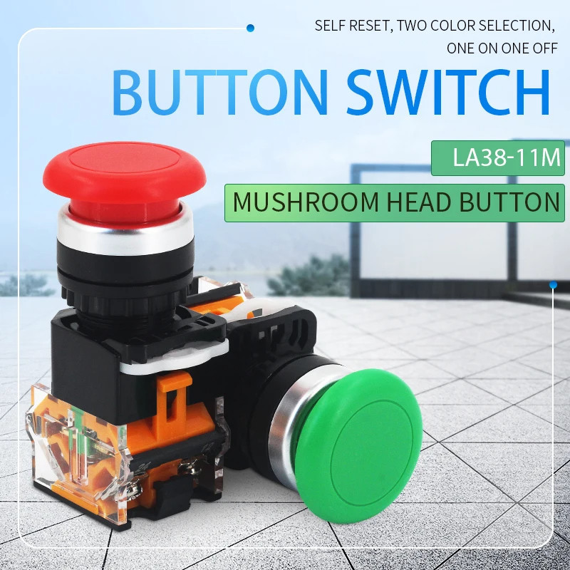 1 Piece Momentary Mushroom Cap Push Button Switch LA38-11M Self Reset No Lock Round 1NO1NC ...