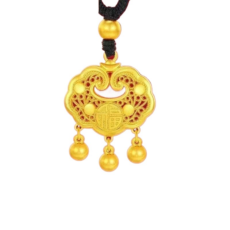 Ruyi Fu Ping An Lock Pendant Gold Necklace Women's Long Life Lock Baby ...