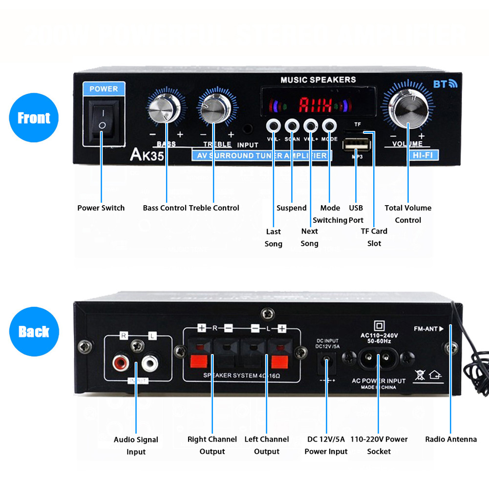 AK35 800W Home Digital Amplifiers Audio 2 Channel Bluetooth 5.0 Mini ...