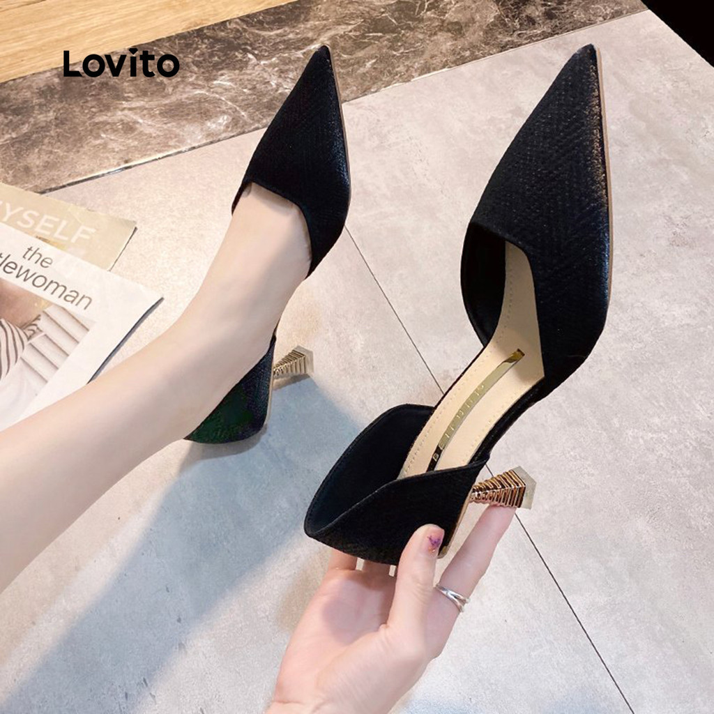 Lovito Women Elegant Plain Special Shaped Metal Heels Satin Gloss ...