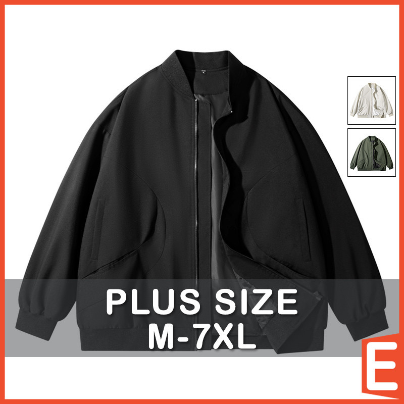 [M-7XL] Plus Size Bomber Jacket Men Plain Long Sleeve Pocket Black ...