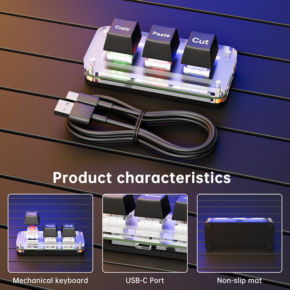 Mini 3-Key Cut Copy Paste Macro Pad Portable RGB Macro Programming ...