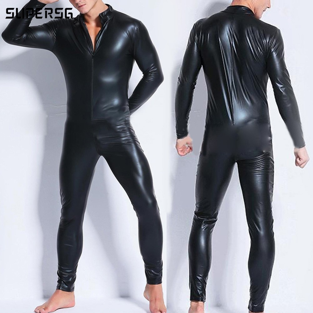 SUPER| Men PVC Leather Black Tight Zip Wetlook Bodysuit Jumpsuit ...
