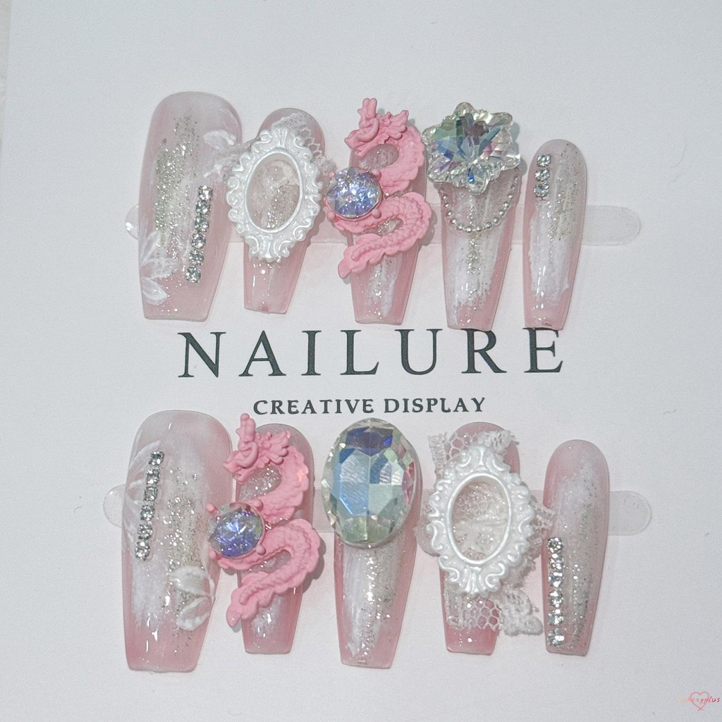 Handmade Pink Fake Nails with Glitter Decor Sweet & Charming Reusable ...
