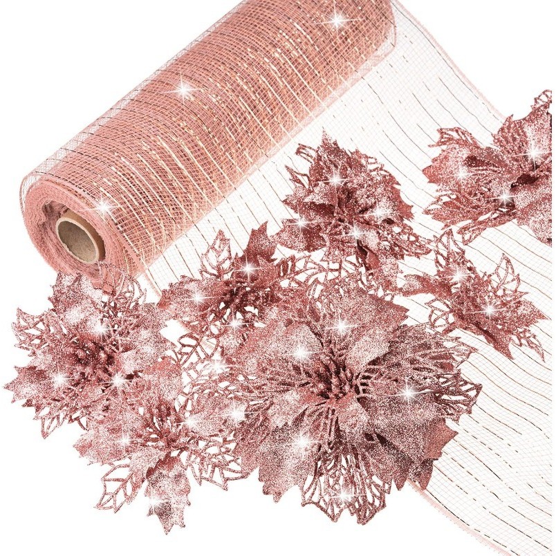 5Pcs Rose Gold Artificial Poinsettia Flowers Glitter Christmas Tree ...