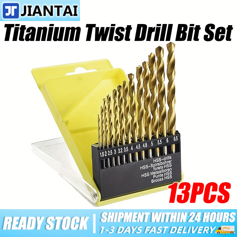 13 Pcs Titanium Coated Twist Drill Bit Set 1.5mm - 6.5mm Metal Twist Tip Metric Drill Bits ...