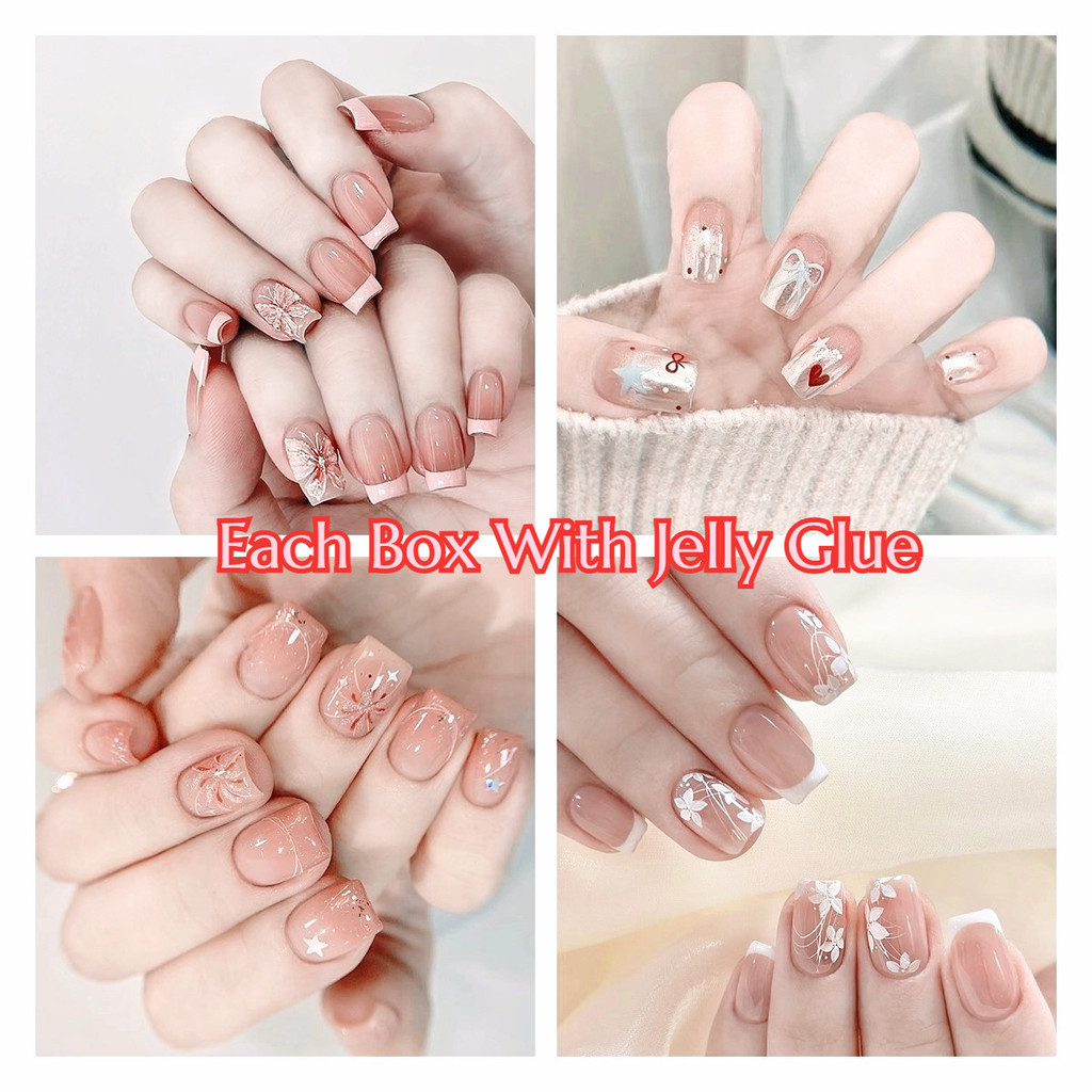 With Jelly Glue） 24Pcs Short Fake Nail Set With Glue Cute Sweet Style ...