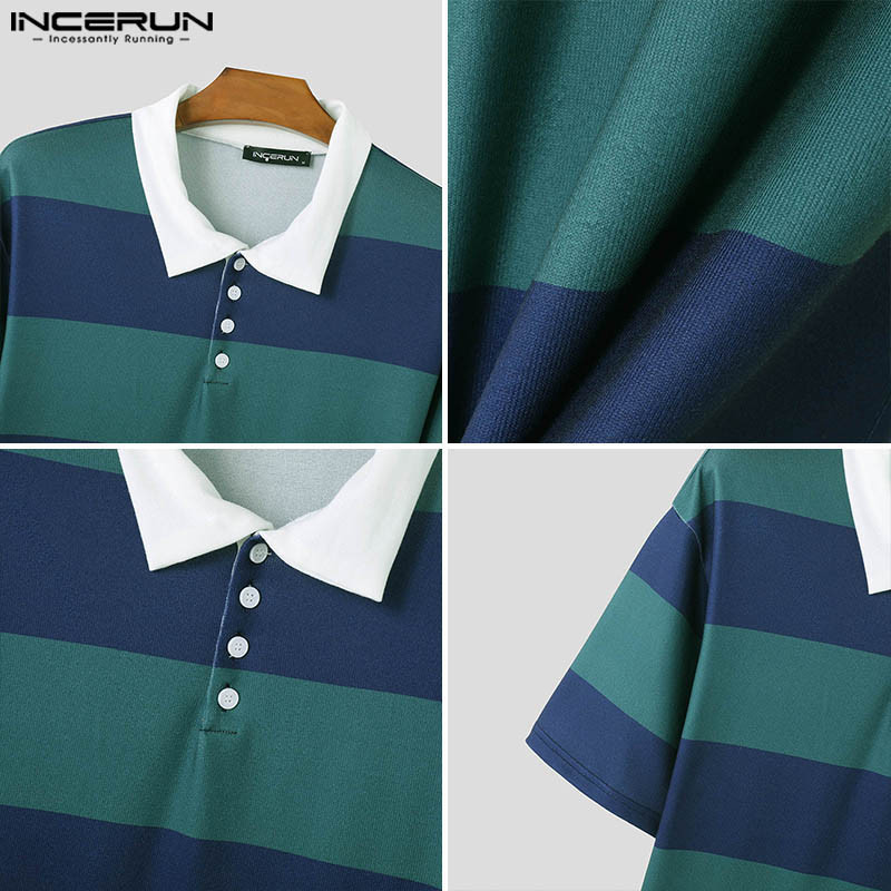 INCERUN Men Korean Half Buckle Contrast Striped Lapel Short Sleeve POLO ...