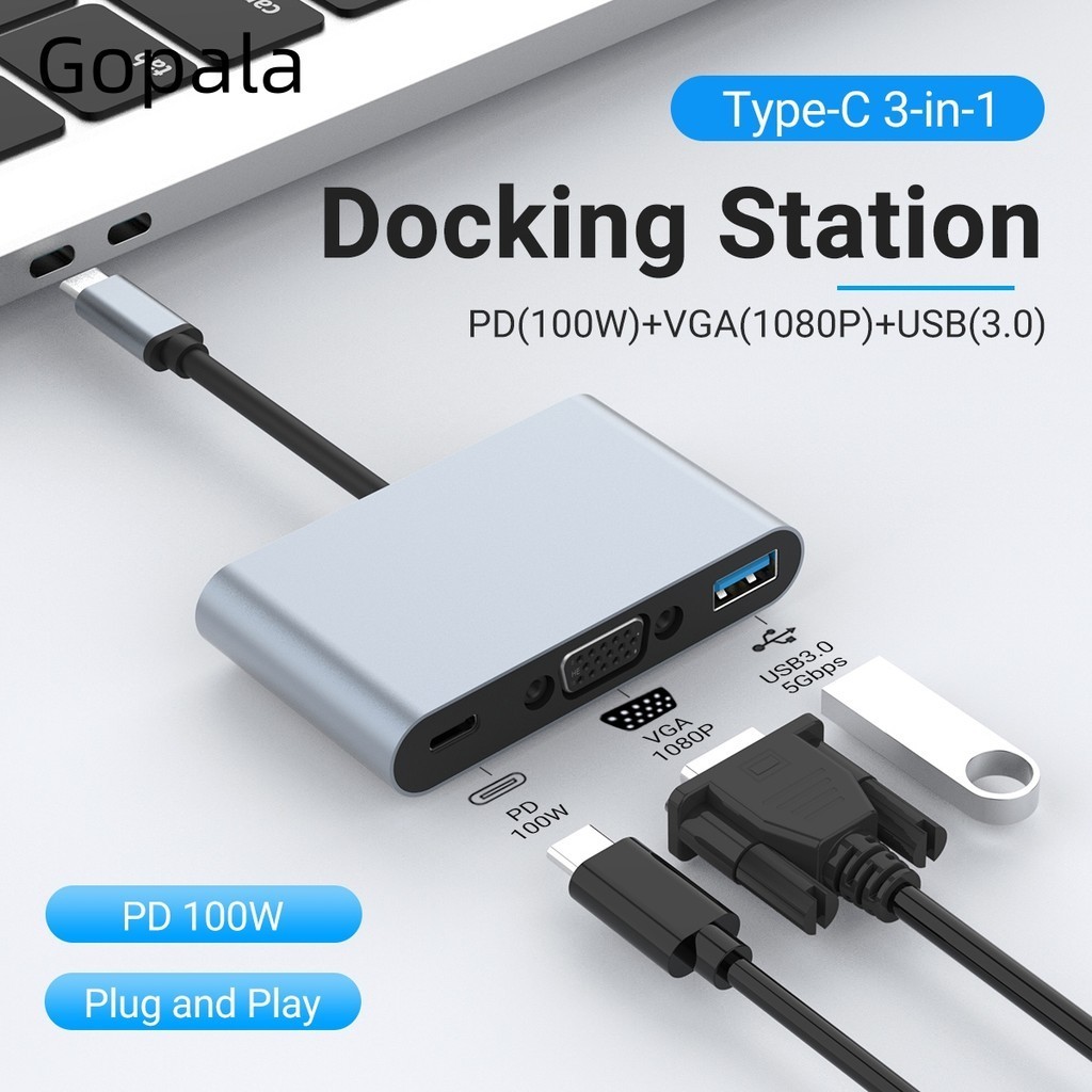 Gopala 3 in 1 Multiports USB C Hub to USB 3.0 VGA1080P and 100W PD ...