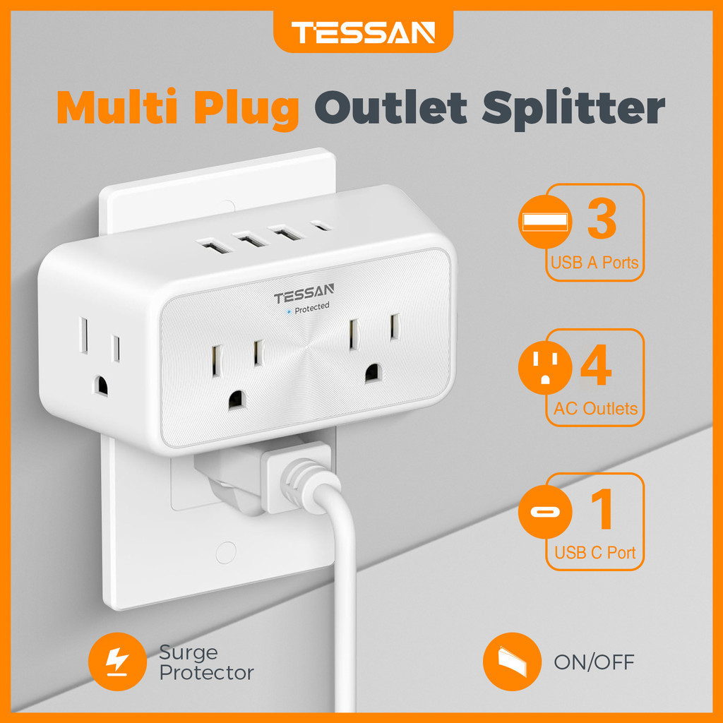 TESSAN Multi Plug Wall Outlet Electrical Outlet Extender with 4 USB (1 ...