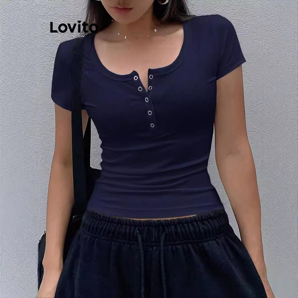 Lovito Women Casual Plain Button Front T-Shirt LNL74382 | Shopee ...