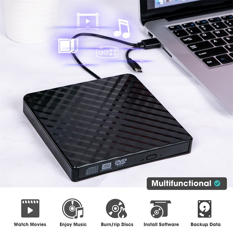 Slim External DVD RW CD Writer Drive USB 3.0 Type-C Burner Reader ...