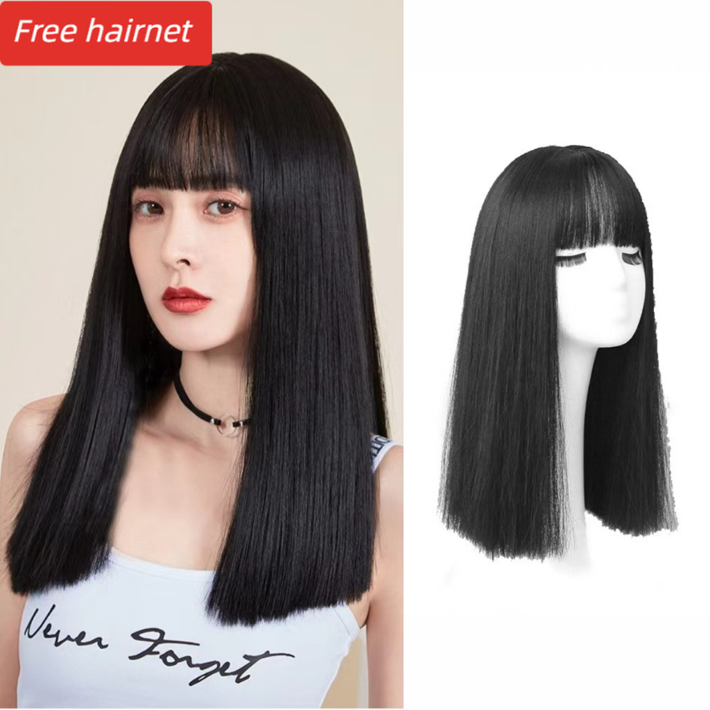 Korean Wigs for Woman Medium Long Straight Wig Hair with Bang Full Head ...