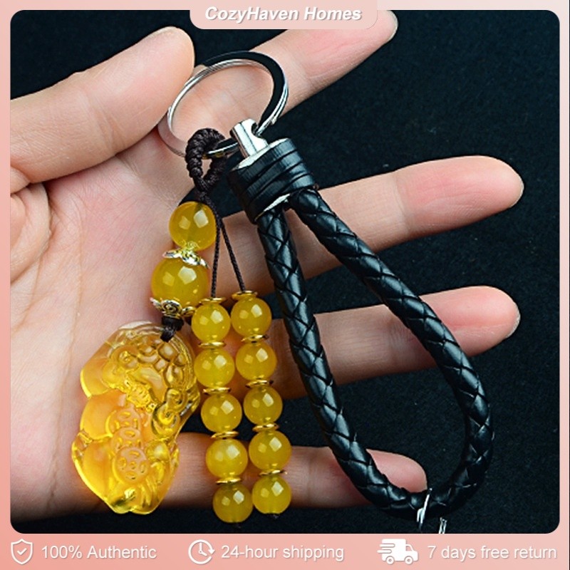 Natural Stone Luckly Pixiu Pendants Leather Car KeyChain Carved Jade ...
