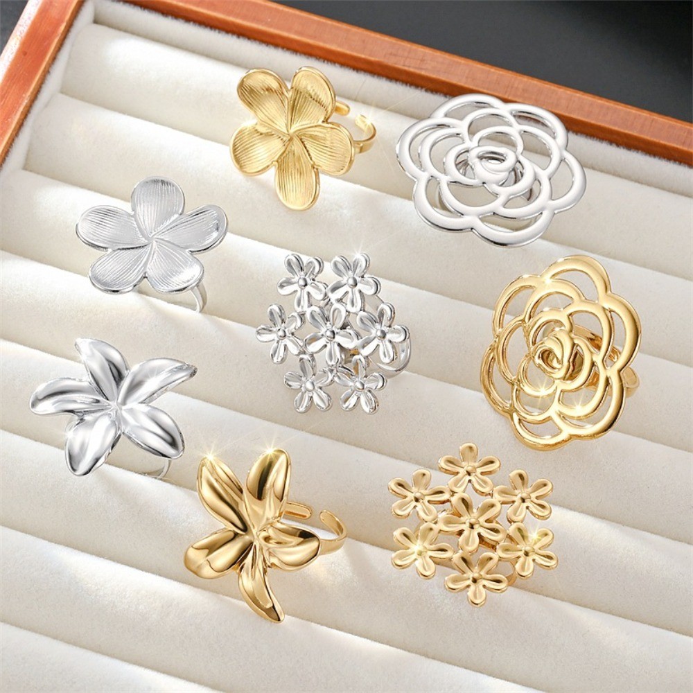 1 Piece Golden Silver Romantic Flower Open Titanium Steel Ring For ...