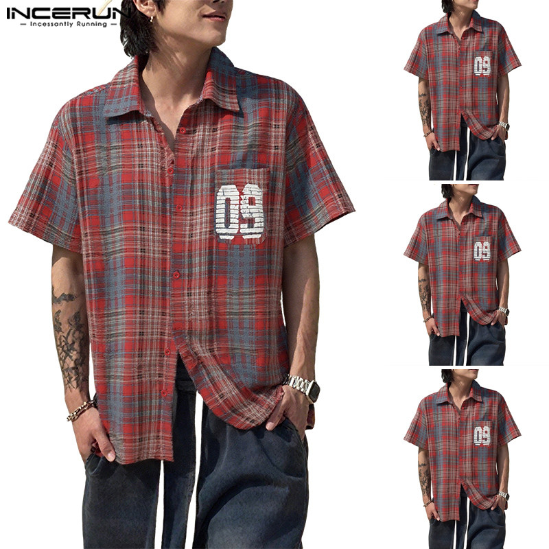 INCERUN Men's plaid short sleeved digital printed shirt | Shopee ...