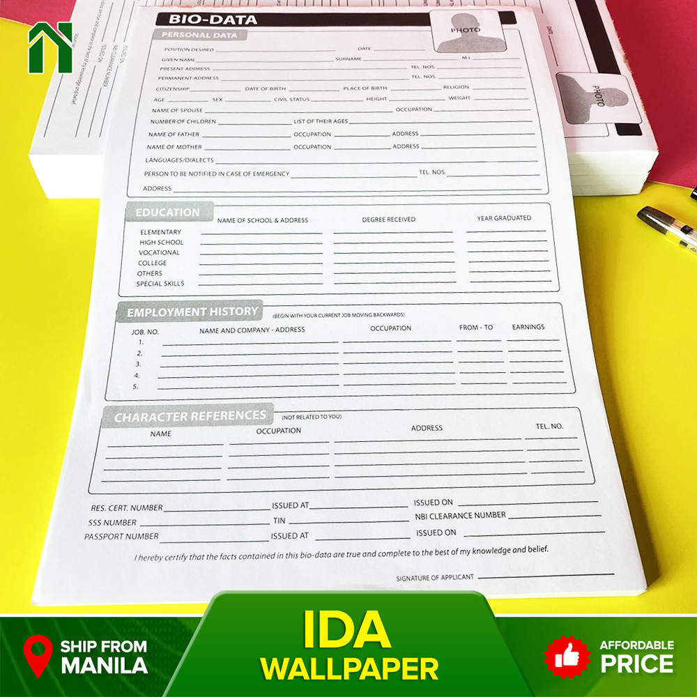IDA Bio-Data Application Form Sheets Good Quality White Paper Office ...