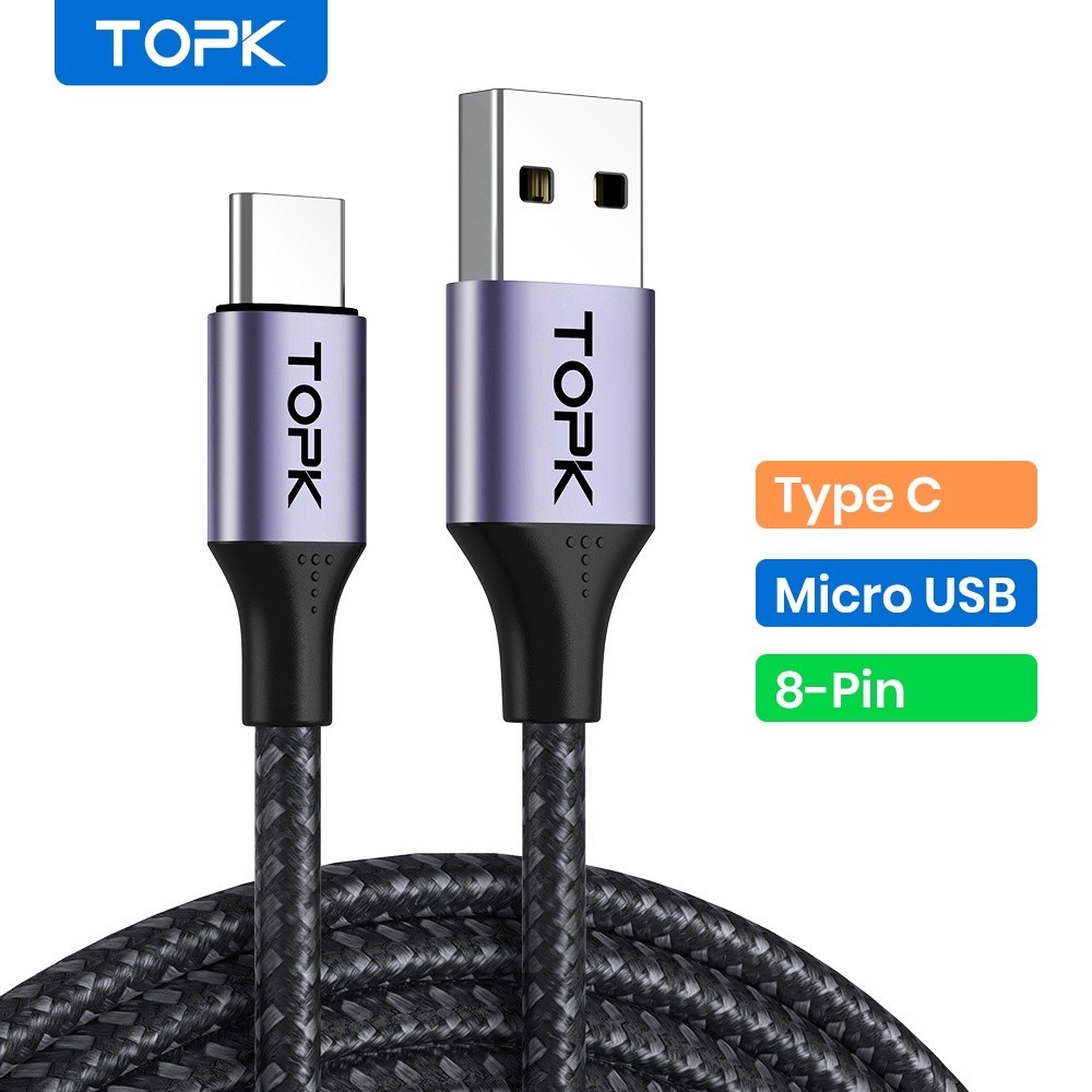 TOPK AN10 3A Micro USB Type C Fast Charging Cable Nylon Braided Mobile ...