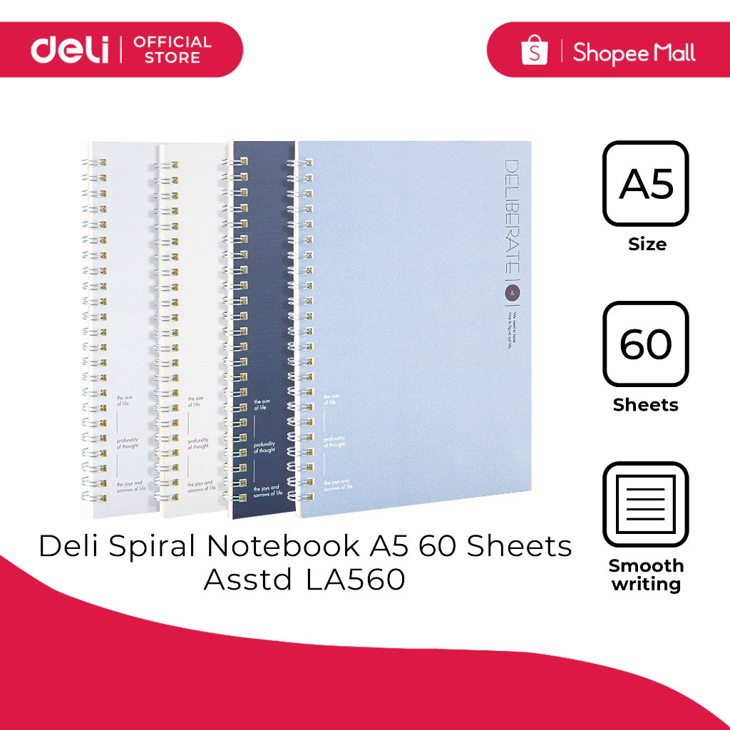 Deli LA560 Spiral Notebook A5 60 Sheets Asstd | Shopee Philippines